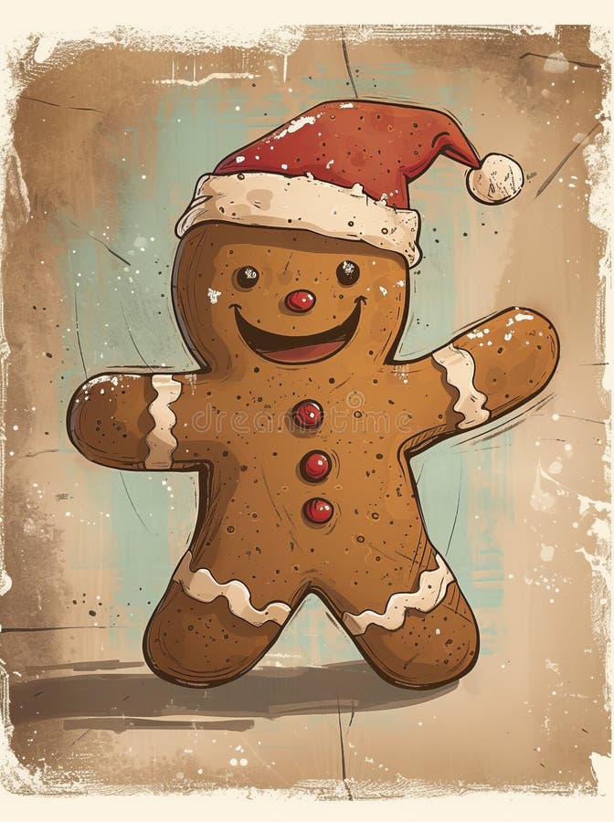 Cheerful Gingerbread Man with Santa Hat Stock Illustration ...