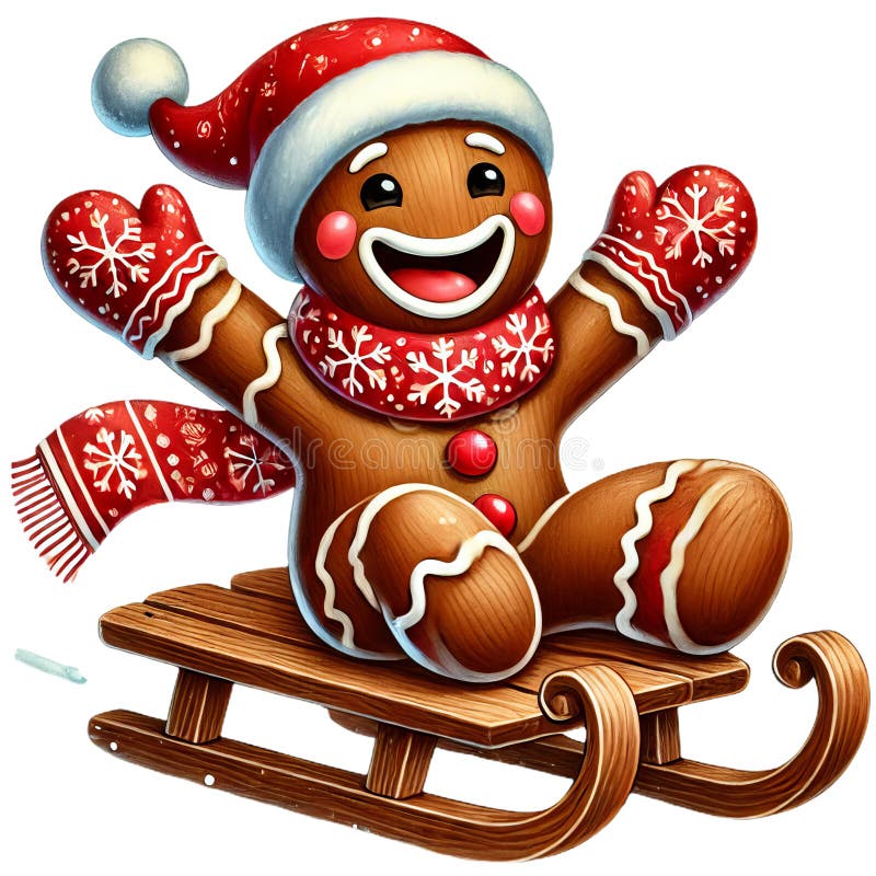 Cheerful Gingerbread Man in Santa Hat, Joyfully Sledding Down Hill ...