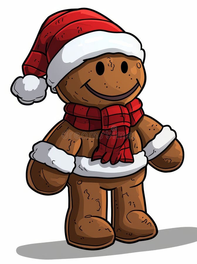 Cheerful Gingerbread Man in Santa Hat and Scarf Stock Illustration ...