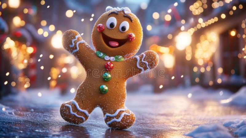 A Cheerful Gingerbread Man Standing in a Snowy, Festive Setting Stock ...