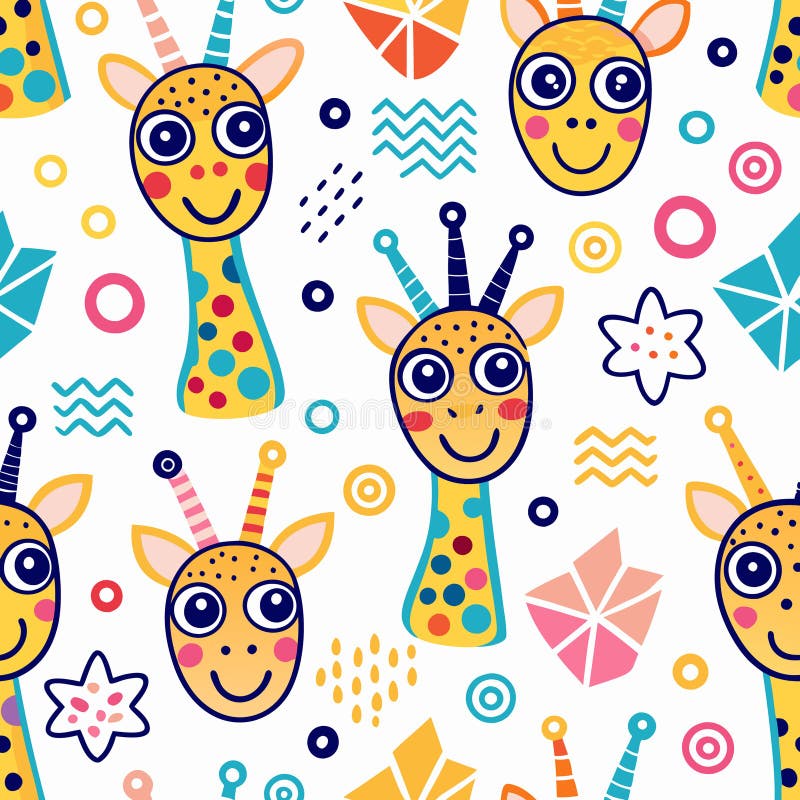Cheerful Giraffe Faces and Geometric Shapes Seamless Pattern Stock ...
