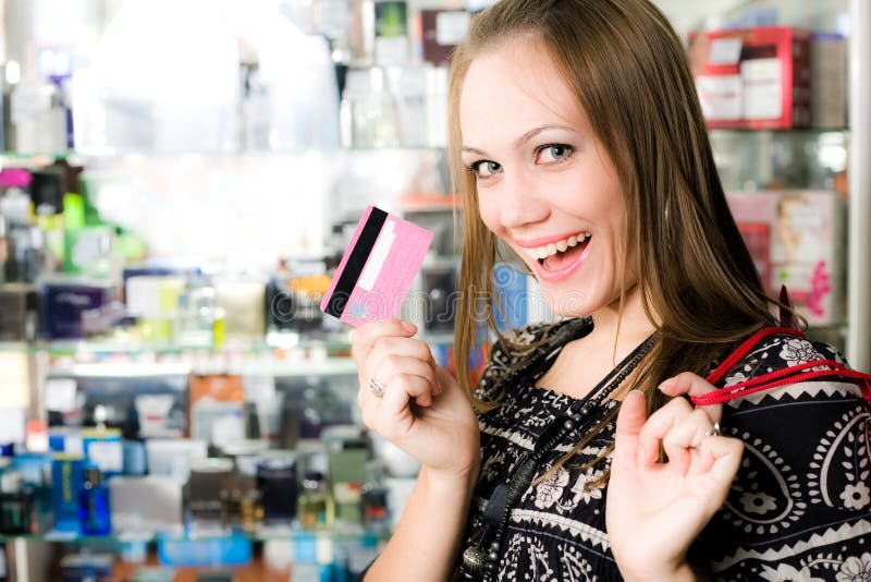 Cheerful girl with card stock image. Image of hand, cheerful - 15220953