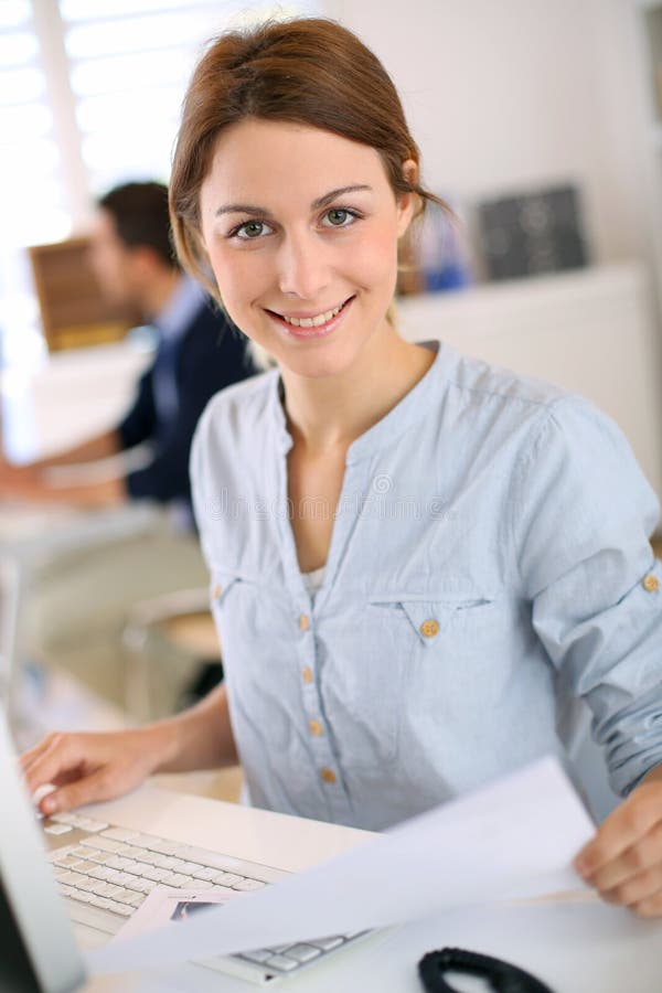 Cheerful Girl in Computer Training Stock Image - Image of paper, office ...