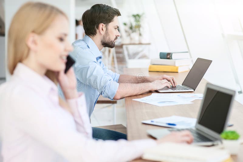 Cheerful Girl and Guy are Using Modern Technology Stock Image - Image ...