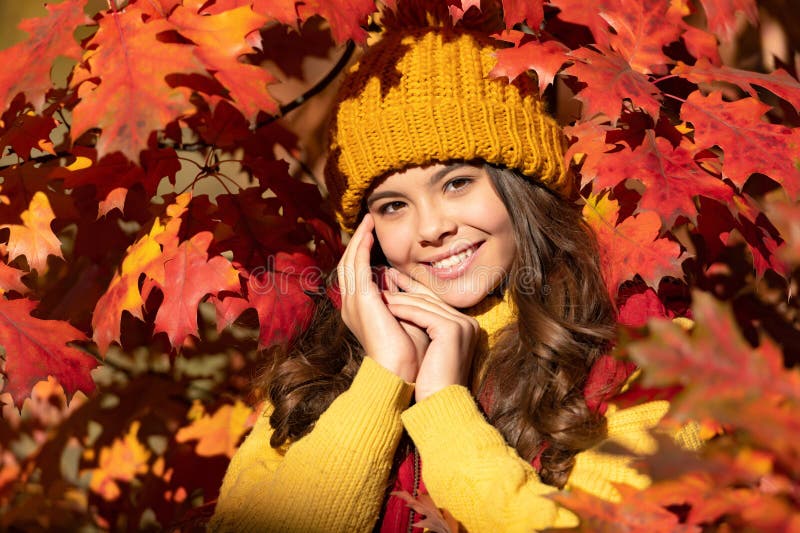 Cheerful Girl in Hat Standing at Autumn Leaves Stock Image - Image of ...