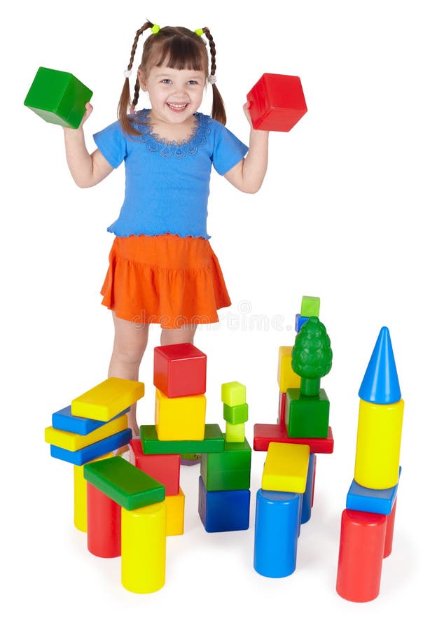 Cheerful Girl Playing with Colored Blocks Stock Image - Image of learn ...