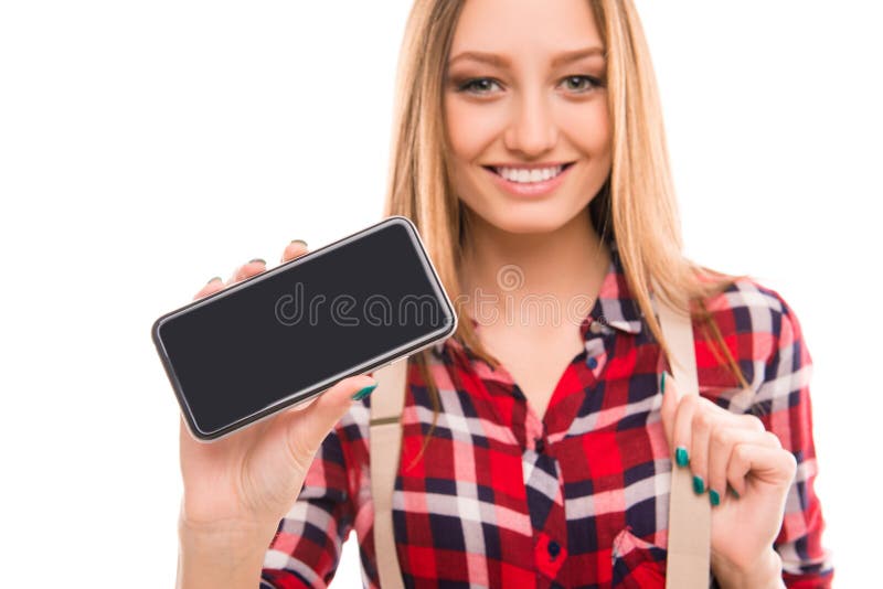Cheerful Girl Showing Screen of Phone and Smiling Stock Image - Image ...