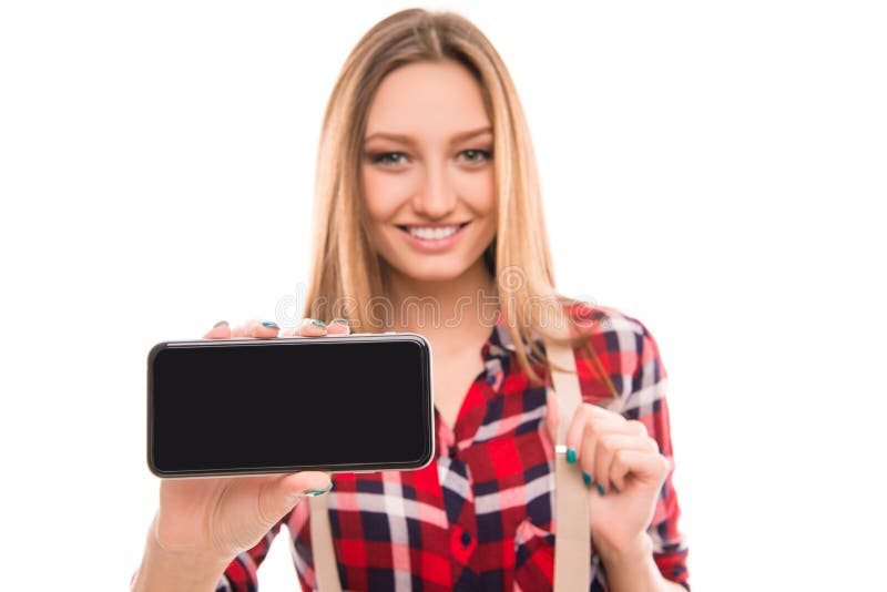 Cheerful Girl Showing Screen of Phone and Smiling Stock Image - Image ...