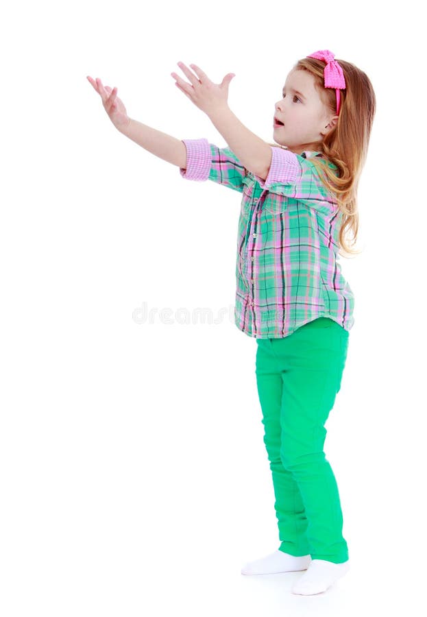 Cheerful Girl Standing Sideways Outstretched Hands Stock Image - Image ...