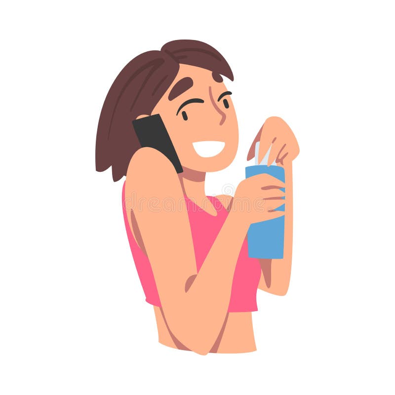 Cheerful Girl Talking On Phone With Water Bottle In Her Hands Young