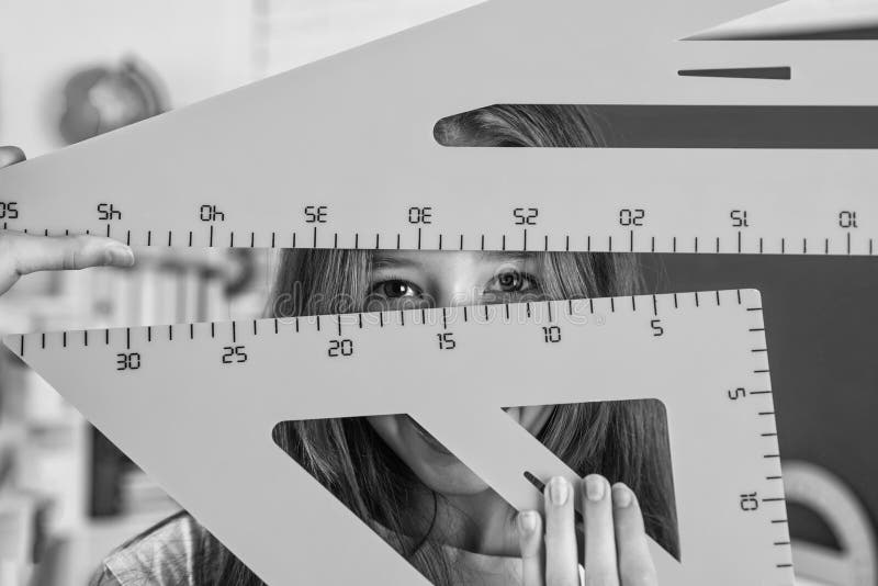 Cheerful Girl Work in School Classroom with Math Triangle Tool Ruler ...