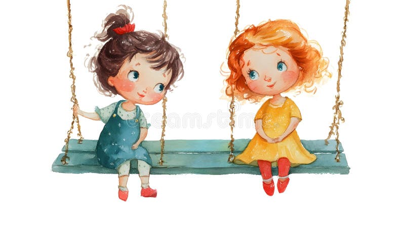 Cheerful Girls Enjoying Swing in White Background Stock Illustration ...