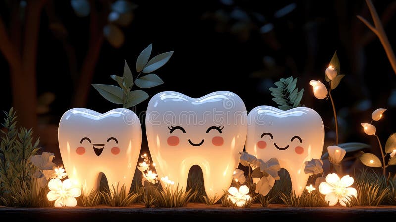 Cheerful Glowing Cartoon Teeth in Enchanted Forest with Flowers Stock ...