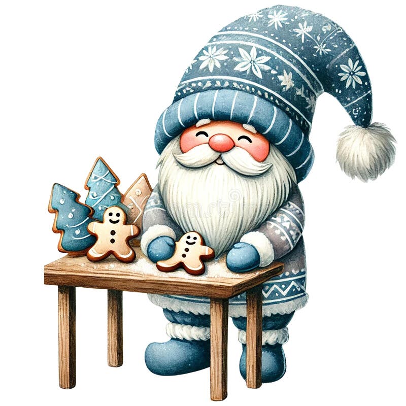 Cheerful Gnome with Cookies and Decorations on a Table, White Isolate ...