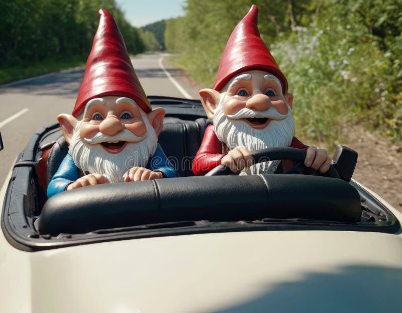 Cheerful Gnomes are Riding in a Convertible. Stock Image - Image of ...