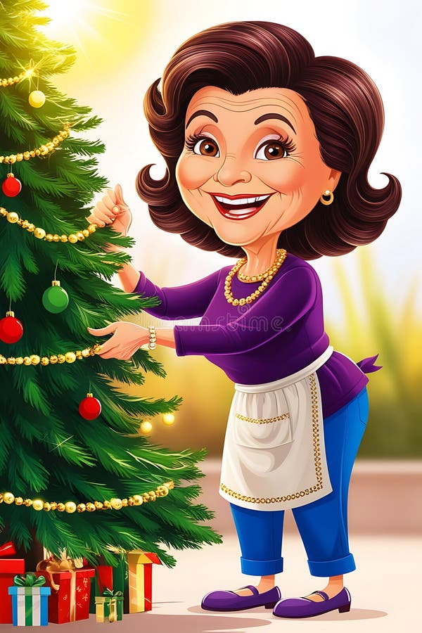 Cheerful Grandma Decorating Christmas Tree Cartoon Illustration Stock ...