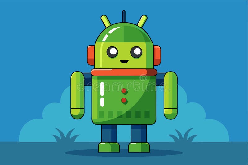 A Cheerful Green Android Cartoon Character Stands in a Bright Blue ...