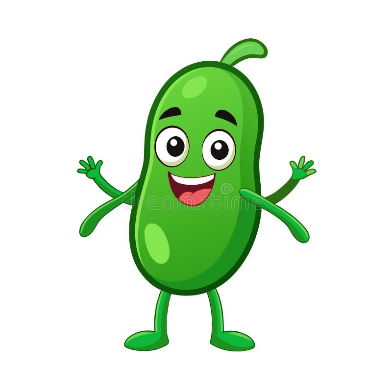 Cheerful Green Bean Character with Happy Expression Stock Vector ...