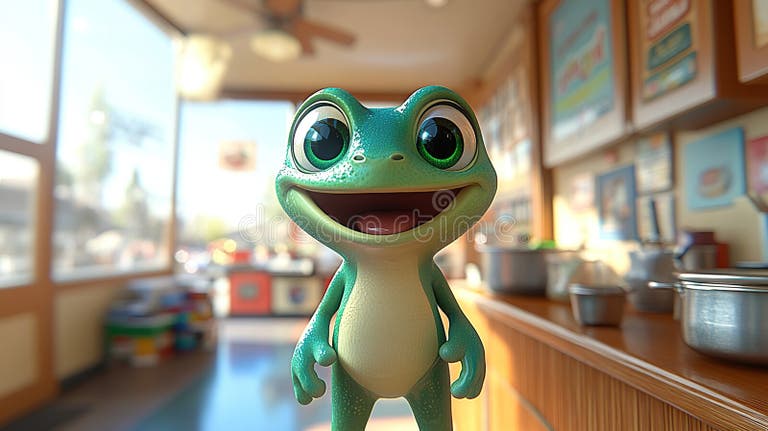 Cheerful Green Frog Character in a Retro Diner Setting Stock ...