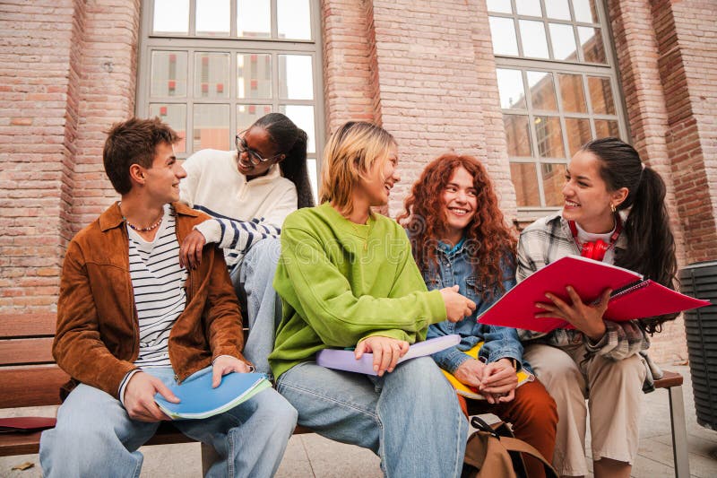 Cheerful Group of Diverse Students Engaged in Lively Conversation while ...