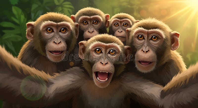 A Cheerful Group of Monkeys Capturing a Selfie with Procreate Style at ...