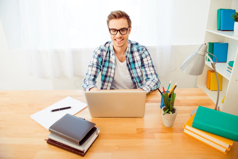 Cheerful Guy in Glasses Writing His New Book Stock Image - Image of ...