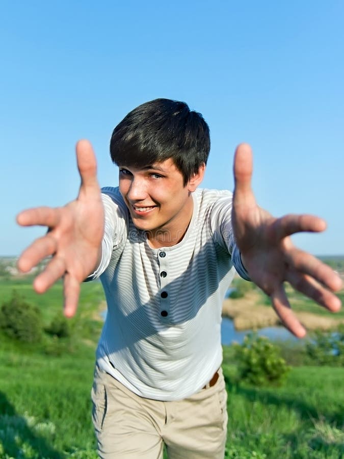 Cheerful Guy with Outstretched Arms Outdoors Stock Photo - Image of ...