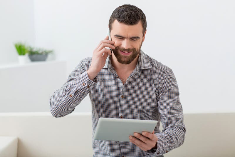 Cheerful Guy is Working with Modern Technology Stock Image - Image of ...