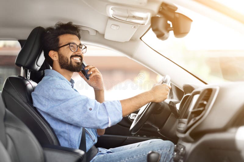 Cheerful Handsome Bearded Young Indian Man Driver Talking on Phone ...