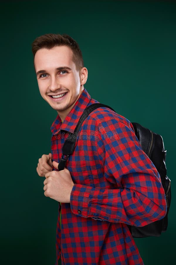 Cheerful Handsome Man in Red Plaid Shirt with Backpack Stock Image ...