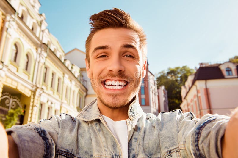 Cheerful Happy Man Making Comic Selfie on the Street Stock Photo ...