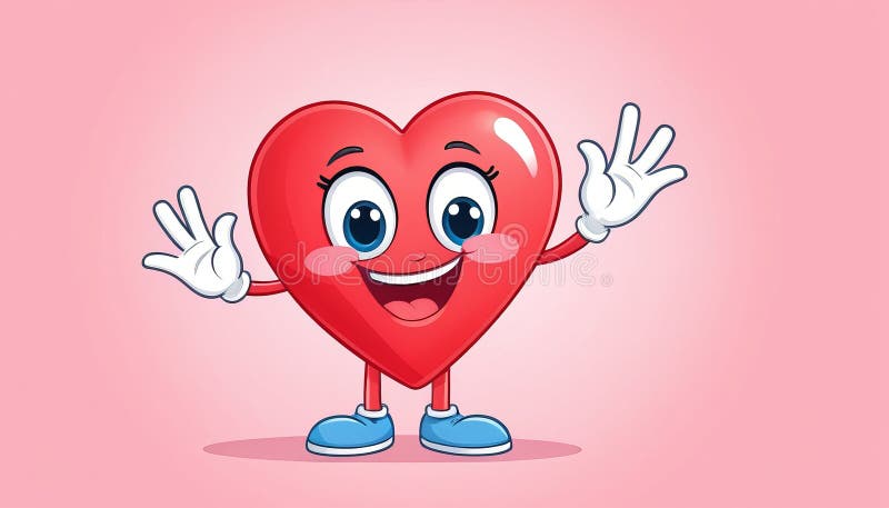 Cheerful Heart Character Waving with Smiling Face on Pink Background ...