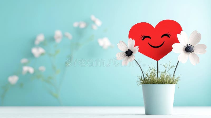 Cheerful Heart Shaped Decoration with Smiling Face and Flowers in Pot ...