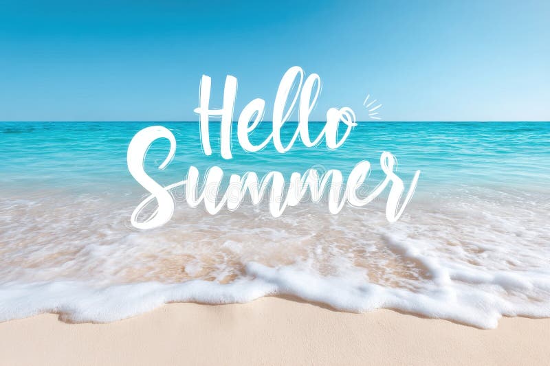 A Cheerful Hello Summer Message Appears on the Beach with Gentle Waves ...