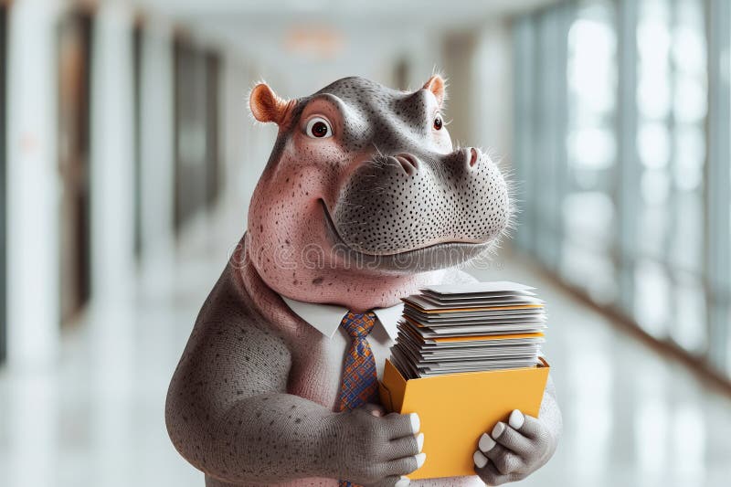 Cheerful Hippopotamus in Business Tie Holding a Stack of Documents ...