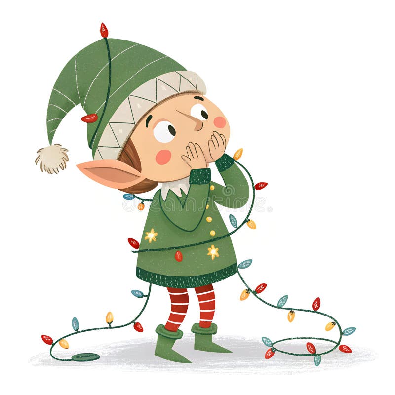 Cheerful Holiday Elf Character Tangled in Decorative String Lights, for ...