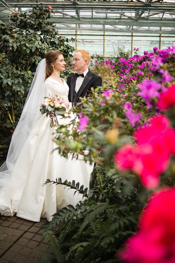 Cheerful Hugging Just Married in the Lovely Garden. Stock Image - Image ...