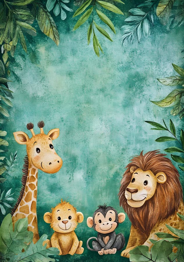A Cheerful Illustration of a Giraffe, Lion, Monkey, and Baby Lion in a ...