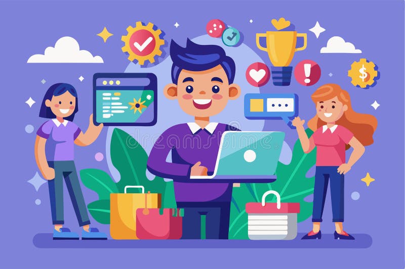 A Cheerful Individual Uses a Laptop while Two Figures Engage with ...