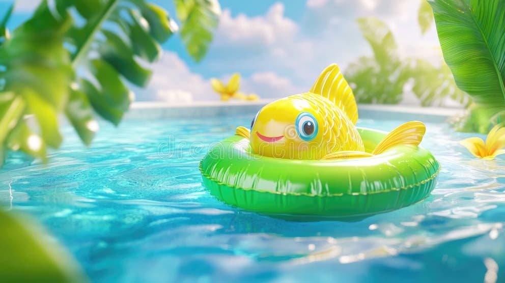 Cheerful Inflatable Fish Float in Sunlit Pool with Tropical Foliage ...