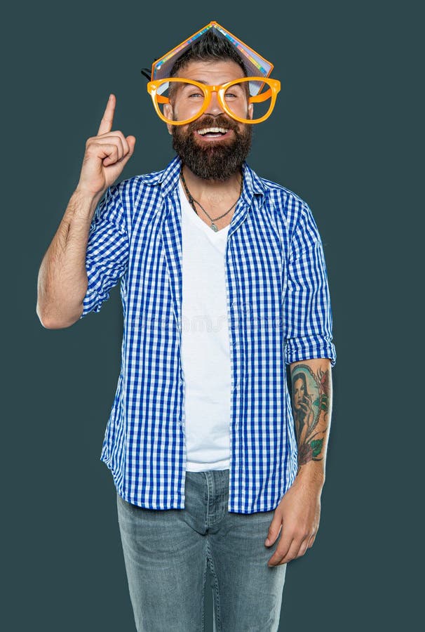 Cheerful Inspired With Idea Funny Bearded Man In Party Glasses With