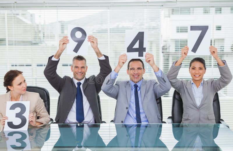 Cheerful Interview Panel Holding Signs Giving Marks Stock Photo - Image ...