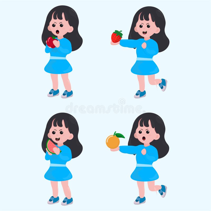 Girl Holding Fruits in Different Poses Stock Vector - Illustration of ...
