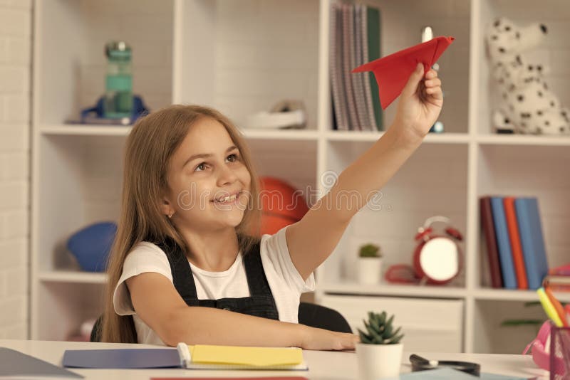 Cheerful Kid Play with Paper Plane in School Classroom Stock Image ...