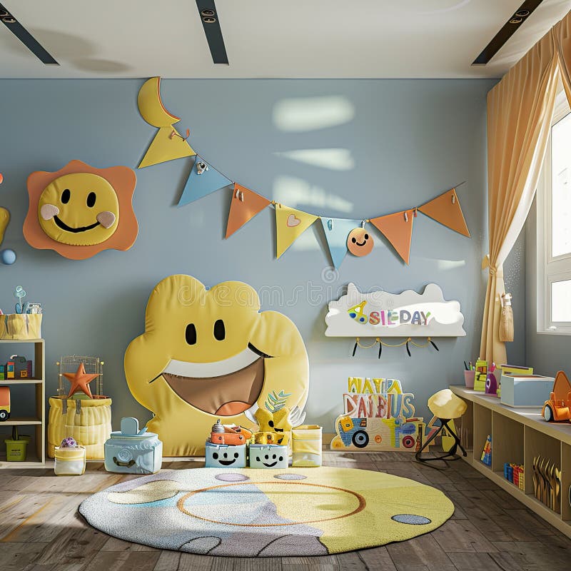 Cheerful Kids Room with Sun, Cloud Decor, and Storage Stock ...