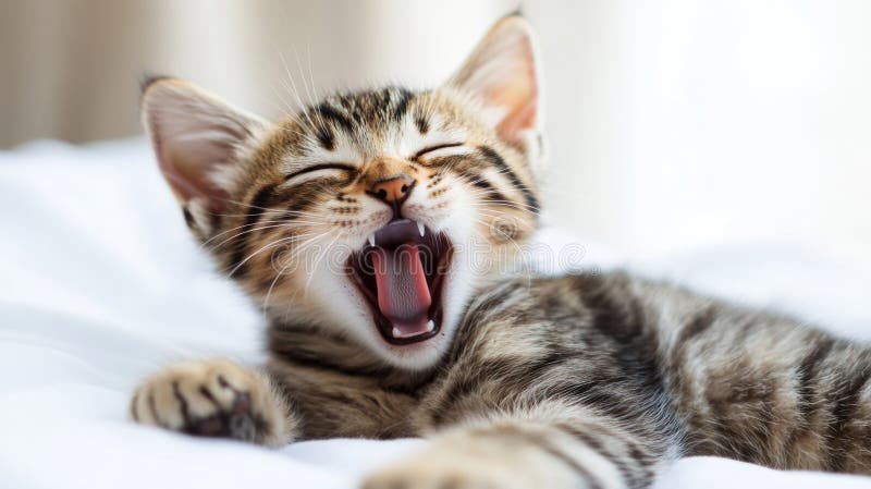 A Cheerful Kitten Stretches and Yawns Widely while Lying on a ...