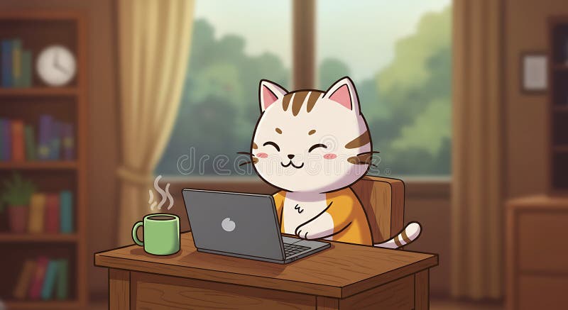 A Cheerful Kitty Focused on Work at a Cozy Desk Setting - Generated ...
