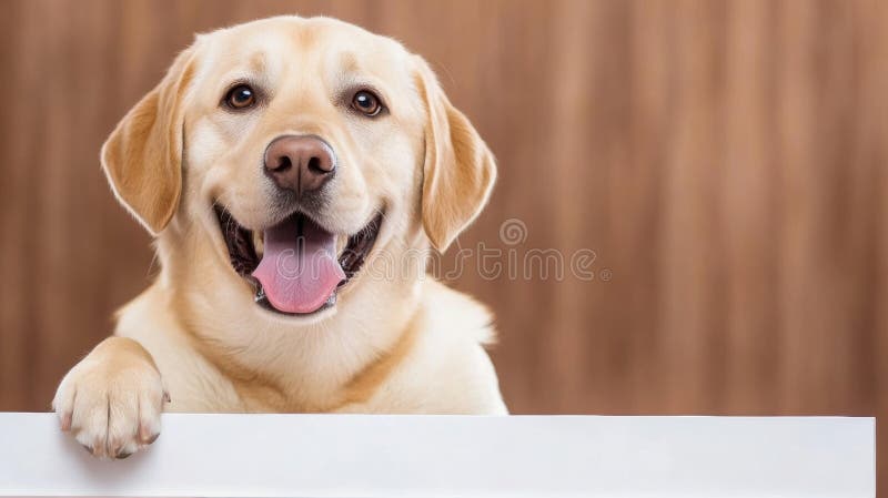 Labrador Retriever Smiling Behind a White Panel with Brown Background ...