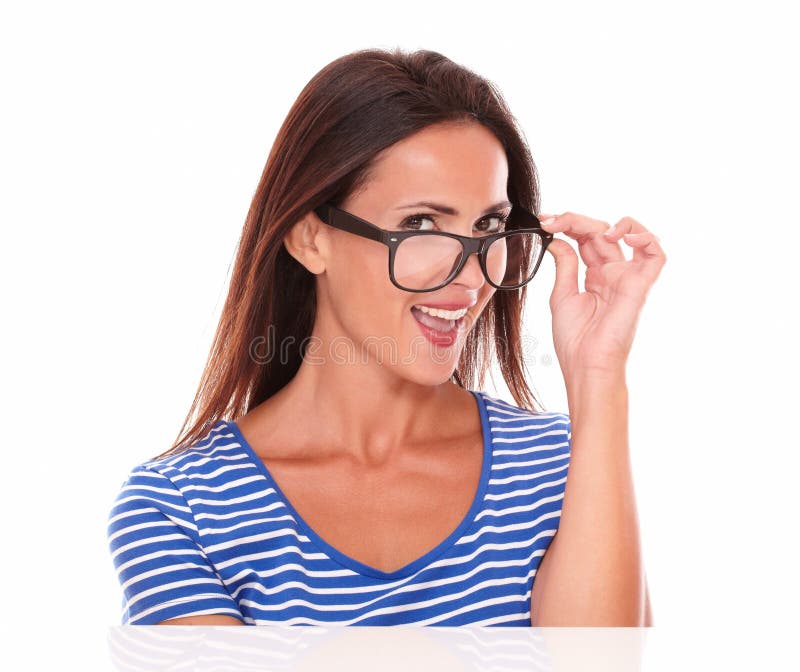 Cheerful Lady Smiling and Wearing Spectacles Stock Photo - Image of ...