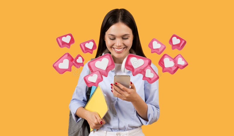 Smiling Lady Student Texting on Phone with Notebooks and Backpack Stock ...